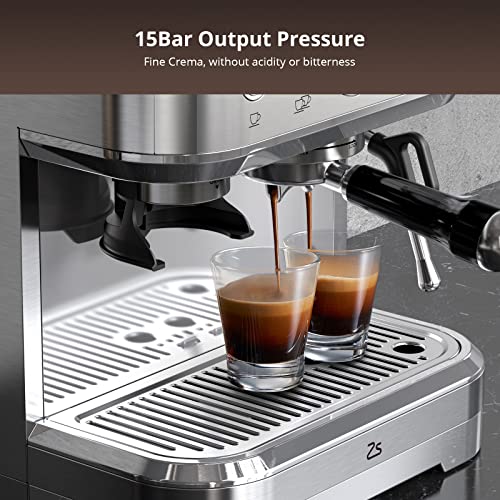 Zstar Espresso Machine with Grinder, Upgraded 15 Bar Automatic Espresso Coffee Maker with Milk Frother for Cappuccino Latte