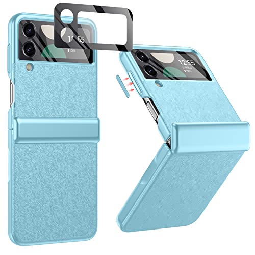 for Samsung Z Flip 4 Leather Case: Spring Hinge Protection & Camera Lens Protector Metal Volume Key Protective Slim Thin Shockproof Phone Case for Galaxy Z-Flip4 5G (Blue)