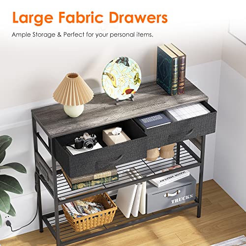 COTUBLR Console Table with Drawers and Outlets, Entryway Table with Storage Shelves, 39 inch Narrow Sofa Table for Living Room, Entry Table for Entryway, Hallway, Living Room Furniture, Grey Oak