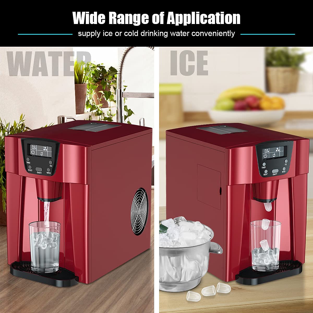 MAT Expert 2 in 1 Ice Maker with Water Dispenser, Countertop Ice Cube Maker with LED Display, 9 Cubes Ready in 6-12 Min, 36lbs/24H, 2L Water Tank Perfect for Home/Office/Bar/RV (Red)