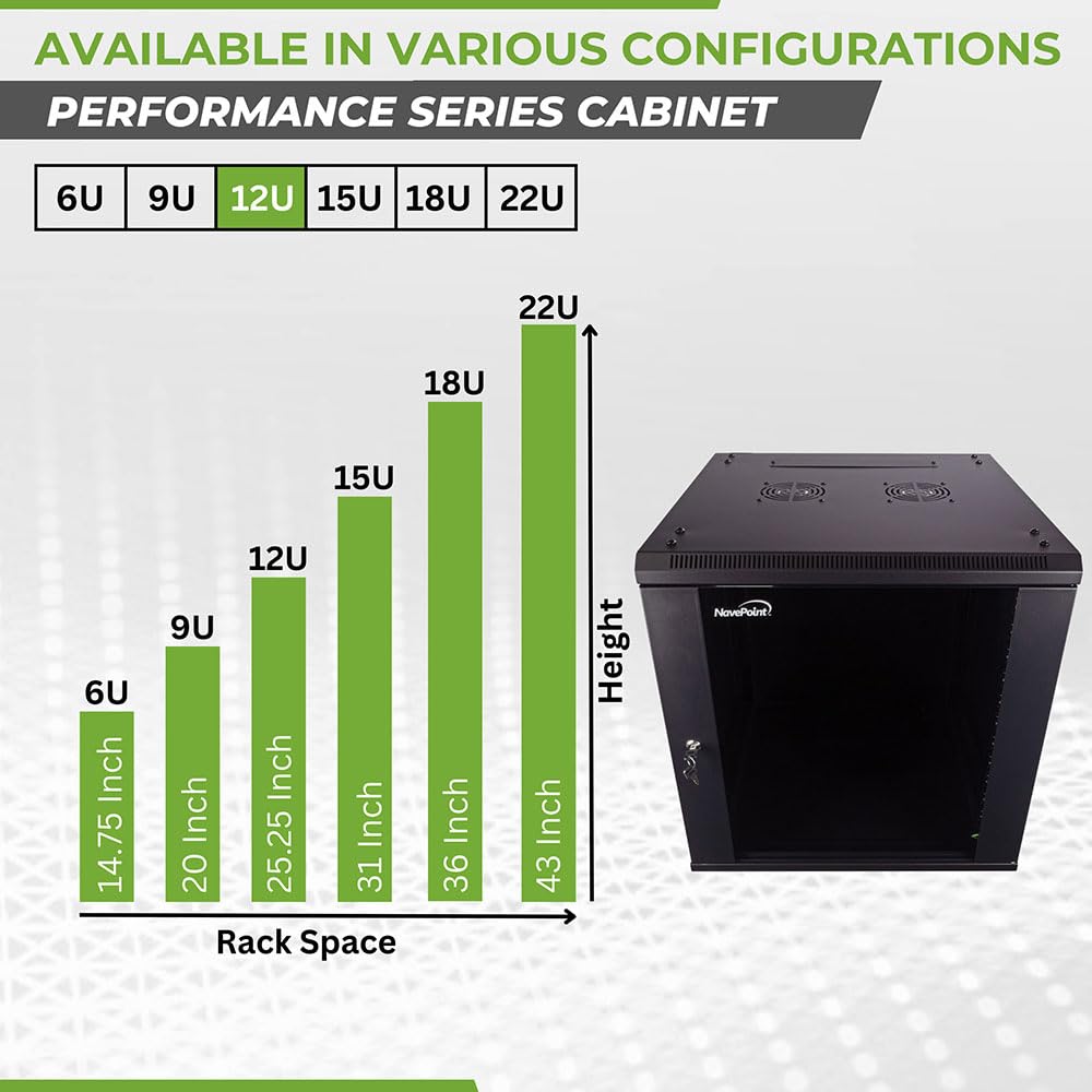 NavePoint 12U Server Cabinet Wall Mount Rack Enclosure Includes 2 Fans, Locking Glass Door, Removable Side Panels β 12U Network Cabinet 23.6β Deep, 19 Inch Server Rack for IT and A/V Equipment
