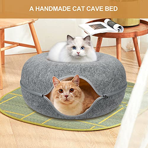 Cat Tunnel Bed, Cat Cave Bed ,Beds for Indoor Cats - Large Cat House for Pet Cat Cave ,Detachable Round Felt & Washable Interior Cat Play Tunnel for Small Pets (24 Inch, Dark Grey)