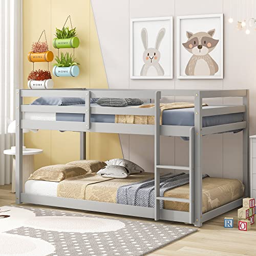 CNANXU Twin Low Bunk Bed, Twin Loft Bed with Ladder for Boys and Girls, Wood Twin Over Twin Bunk Bed Frame with Full Length Guardrail, Multifunctional Design, Wooden Slat Support (Grey)