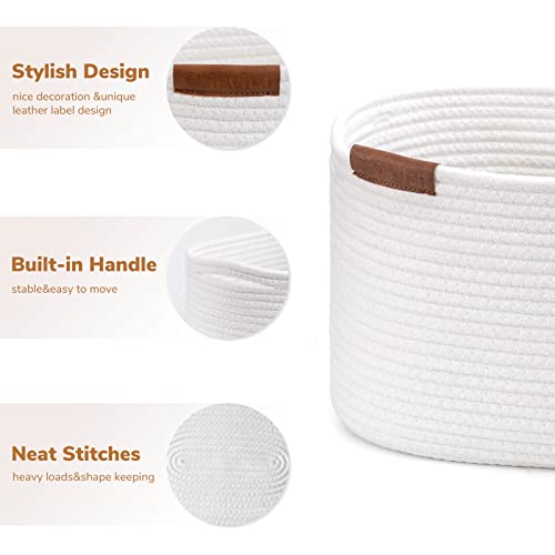 CHICVITA Woven Storage Basket for Shelves, Cotton Rope Dog Toy Bin, Empty Gift Basket with Handles, Small Laundry Baskets for Cloth Towel Shoes, White Oval Basket 3 Packs