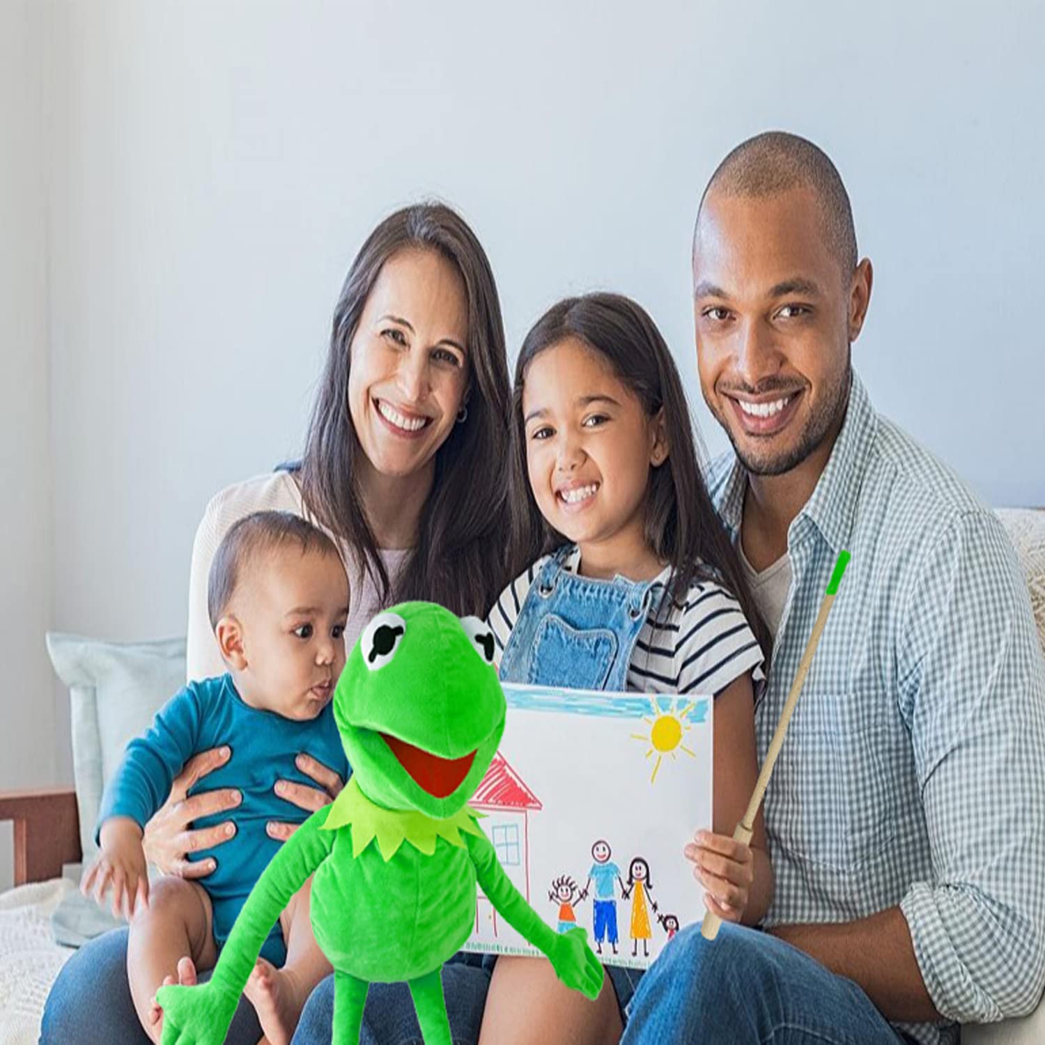 Kermit Frog Puppet with Detachable Control Wooden Rod, The Puppet Movie Show Soft Stuffed Plush Toy