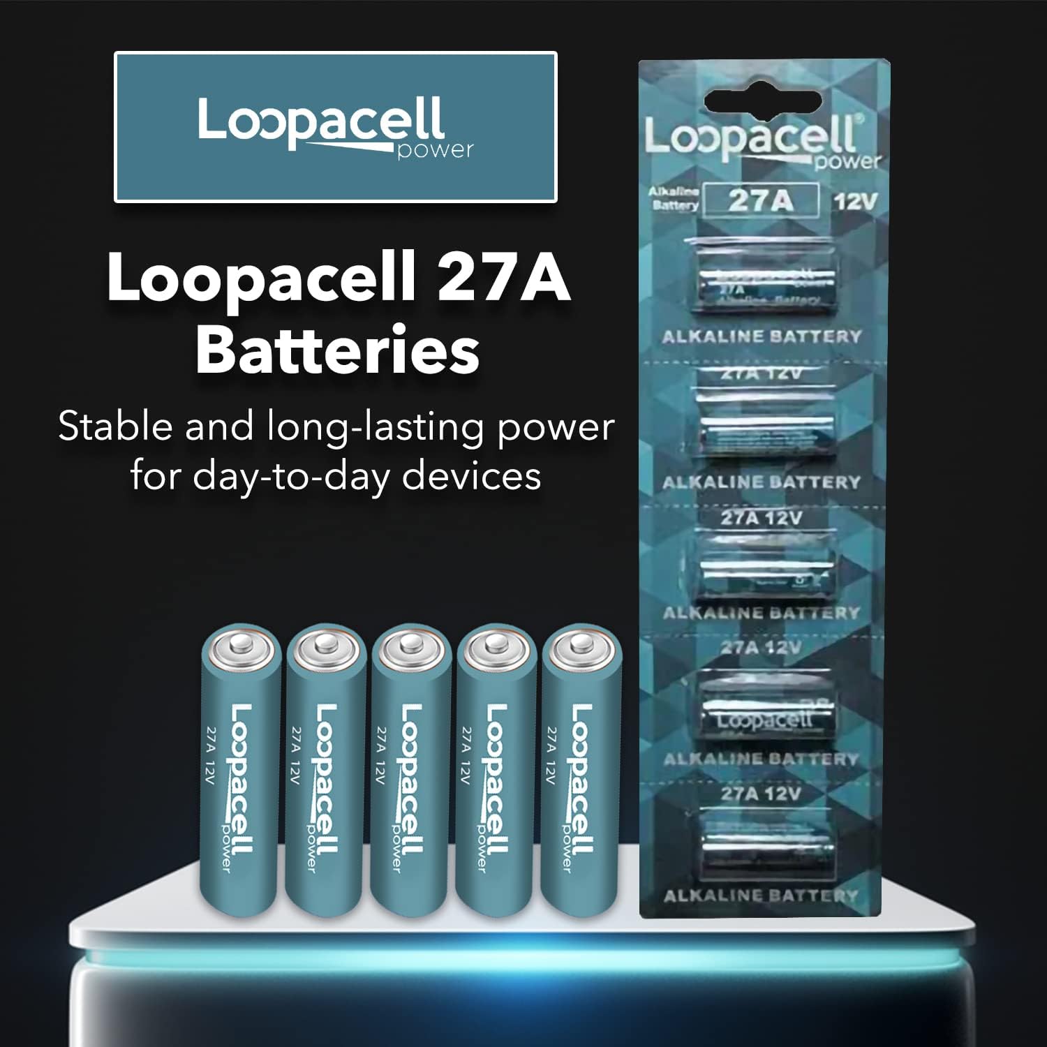 LOOPACELL 27A 12V Alkaline Battery (Pack of 5) - Long Lasting, Leakproof MN27 Battery for Garage Door Openers, Key Fobs, Heated Socks, Ceiling Fan Remote Control, Alarm Remote Control & More
