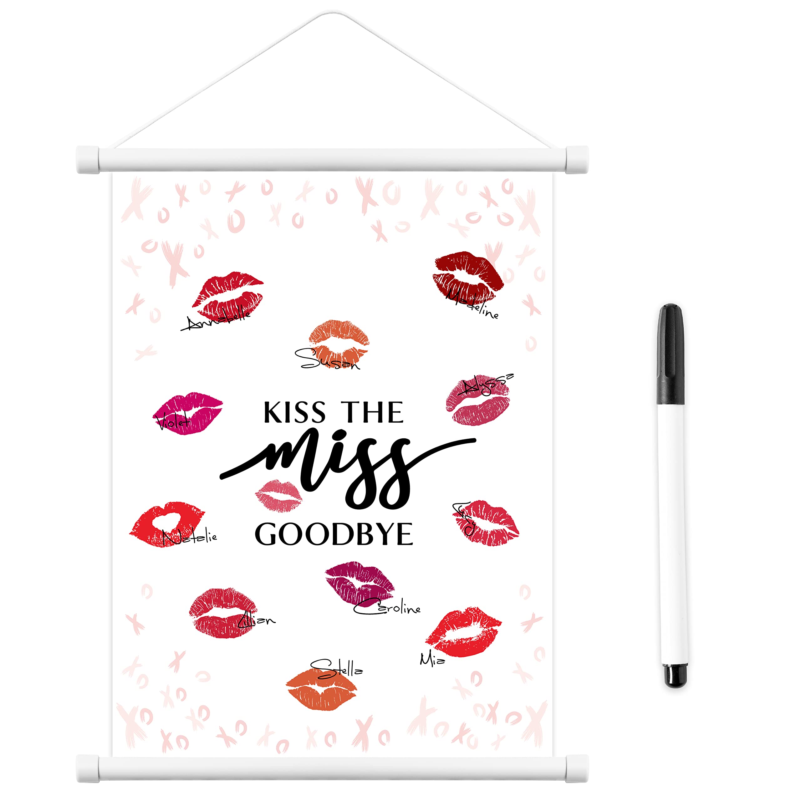WATINC 2Pcs Kiss The Miss Goodbye Signature Hanging Poster with Black Color Pen, Wedding Signature Poster Bride to Be Guest Book Message Card, Bridal Shower Bachelorette Party Games Picture Decoration