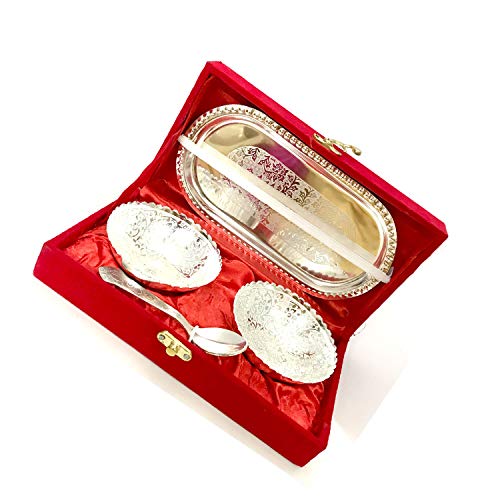 DBY Tradenet Dry Fruit Box Silver Color Plated Brass 2 Bowl 2 Spoon and 1 Tray Set Tray Sweet Mukhwas Supari Candy Chocolate Box Multipurpose Dry Fruit set Serving Tray