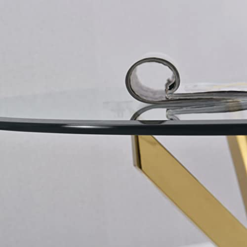Henf Modern Glass Round Top Dining Table with Gold Metal Legs, Contemporary Circle Tempered Glass Dining Table with Stainless Steel Base for Home Office Kitchen Dining Room (Table Only)