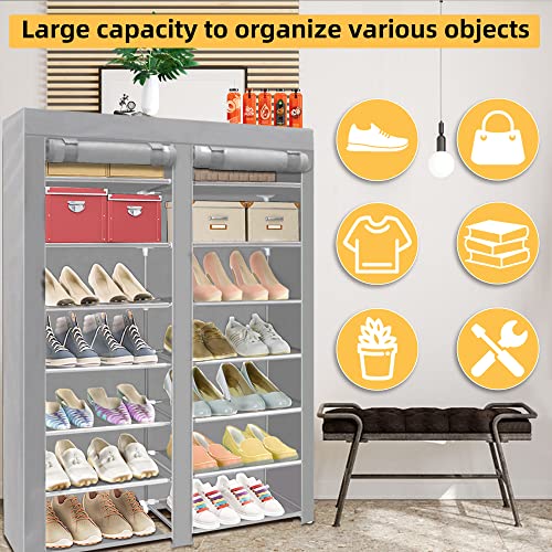 ERONE Shoe Rack Storage Organizer, 28 Pairs Portable Double Row with Nonwoven Fabric Cover Shoe Rack Cabinet for Closet