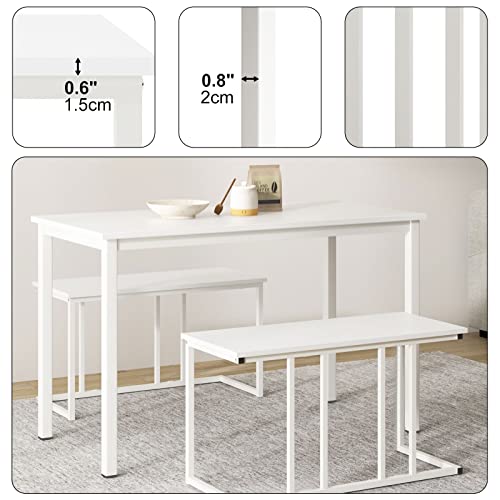 DlandHome 47'' Dining Table Set for 4, Kitchen Table Set Dining Table and 2 Benches, Kitchen Table and Benches, 3 Pieces Breakfast Table Set Dining Table with Bench Dining Room Bench Set, White