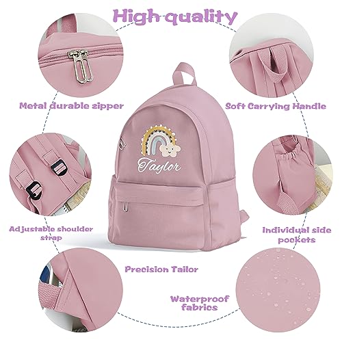 Dipopizt Custom Backpack for Girls and Boys with Name Rainbow Embroidery Print, Personalized Back to School Backpack for Kids First Day of School, Casual Backpack for Child