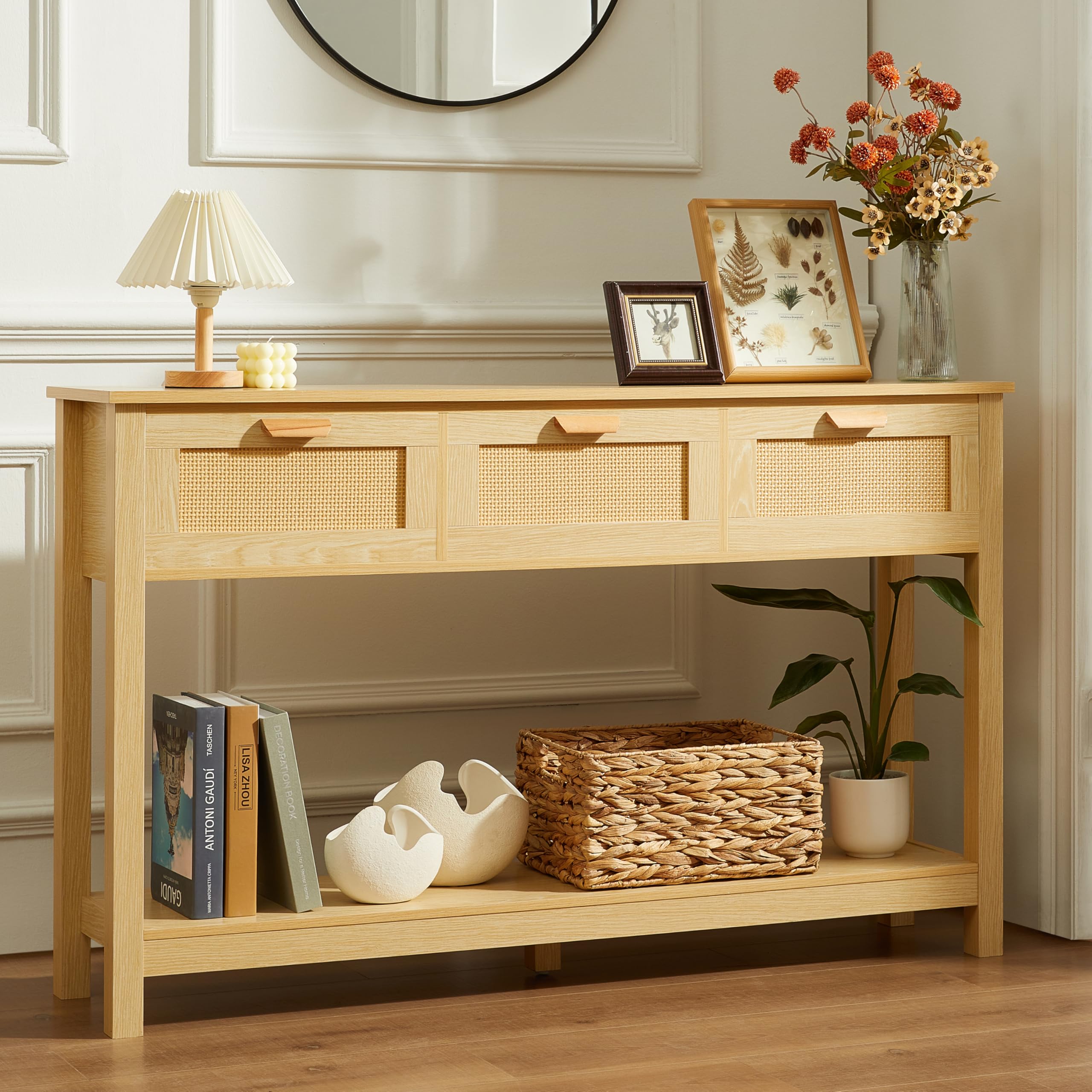 Chilihom Rattan Console Table with 3 Drawers, Boho Entryway Table with Storage, Narrow Long Sofa Table with Open Shelf, Foyer Table Hallway Table Behind Couch Table for Living Room, Natural Wood