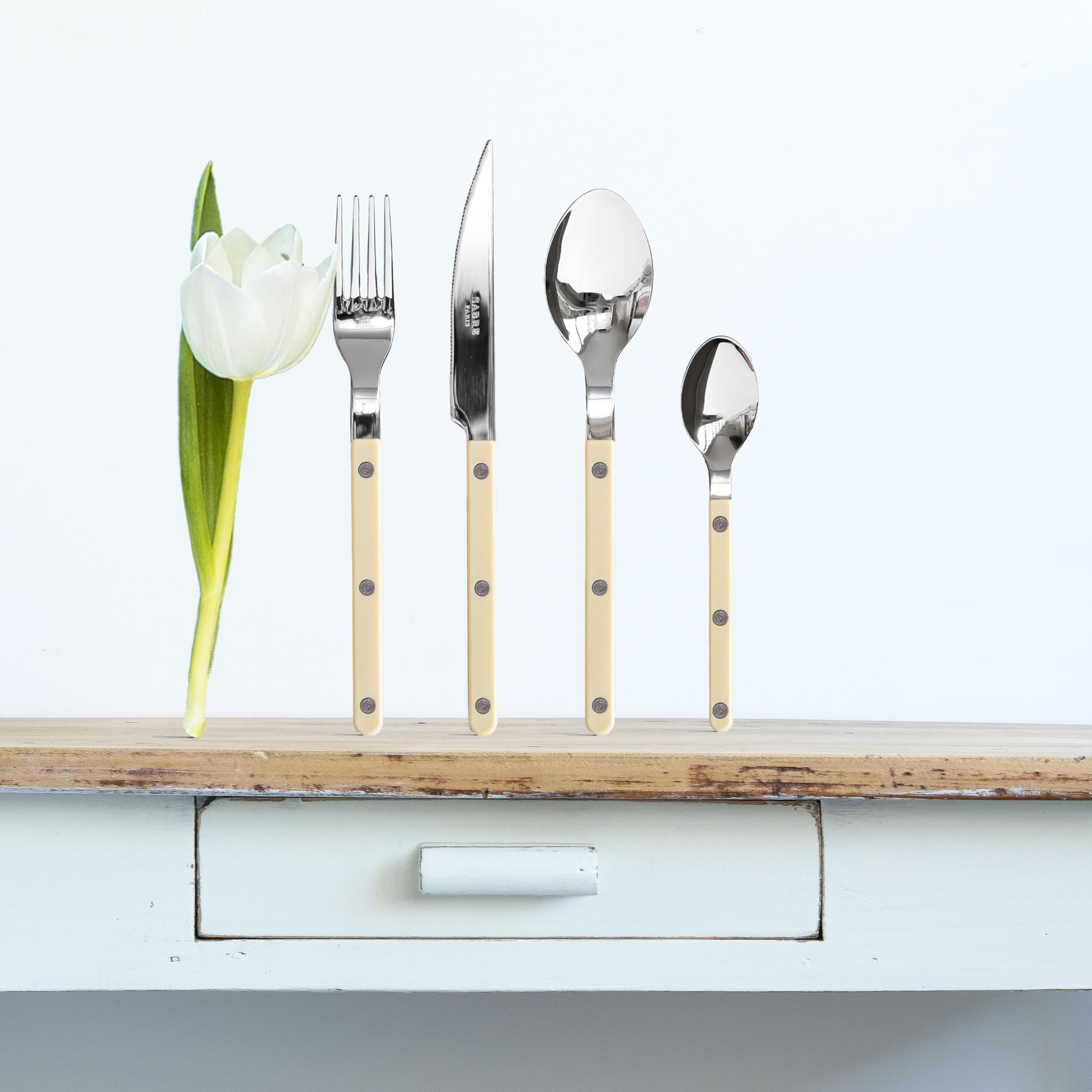 SABRE PARIS - 5-Piece Flatware Set - Bistrot Collection - Knife, Fork, Soup Spoon, Teaspoon & Dessert Fork - Stainless Steel & Nylon - Dishwasher Safe - Ivory - Brilliant Finish