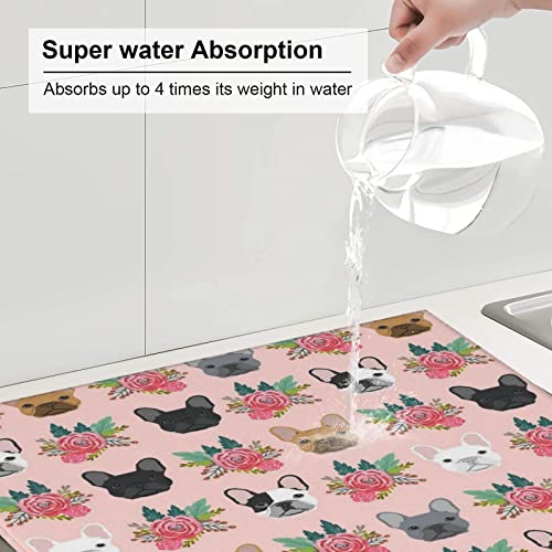 French Bulldog And flowers Printed Drying Mat For Kitchen Ultra Absorbent Microfiber Dishes Drainer Mats Non-Slip Silicone Quick Dry Pad - 18 X 16inch