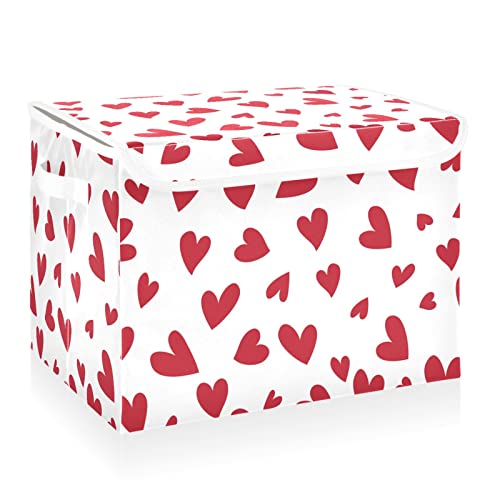 CaTaKu Heart Red Cute Storage Bins with Lids and Handles, Fabric Large Storage Container Cube Basket with Lid Decorative Storage Boxes for Organizing Clothes