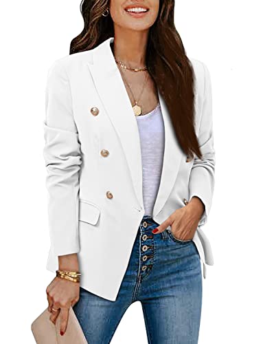 CRAZY GRID Womens Double Breasted Blazer Jackets Open Front Business Casual Suit Jacket Long Sleeve Dressy Blazer Lapel Gold Button Ladies Work Office Blazer White Medium