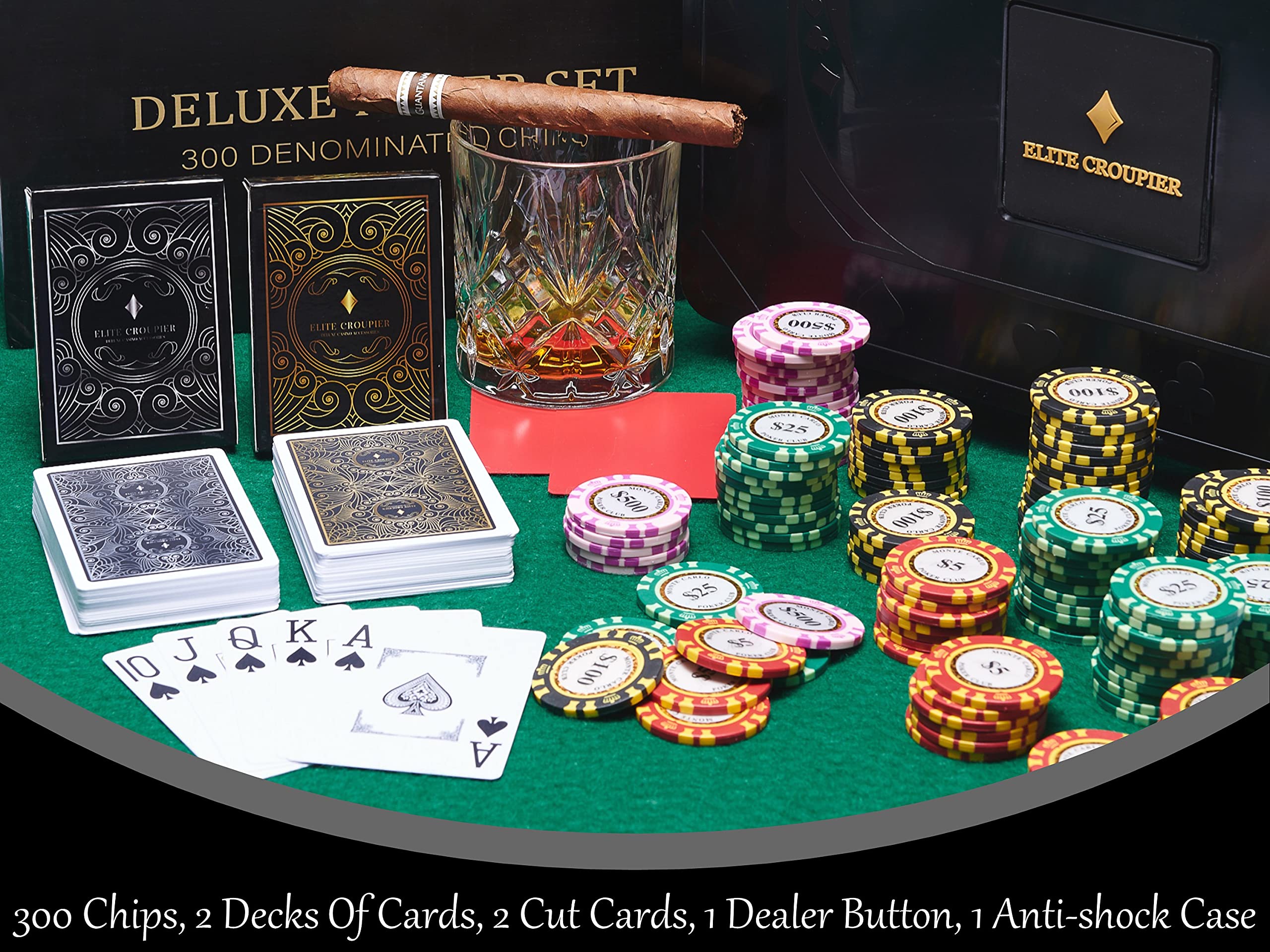 Deluxe 300 Poker Chips Set - Poker Set 300 Chips, Shock Resistant Case, 2 Tones Monte Carlo Poker Chips (14g Clay Poker Chips with Denominations, Casino Chips) 100% PVC Cards, Cut Cards, Blackjack Set