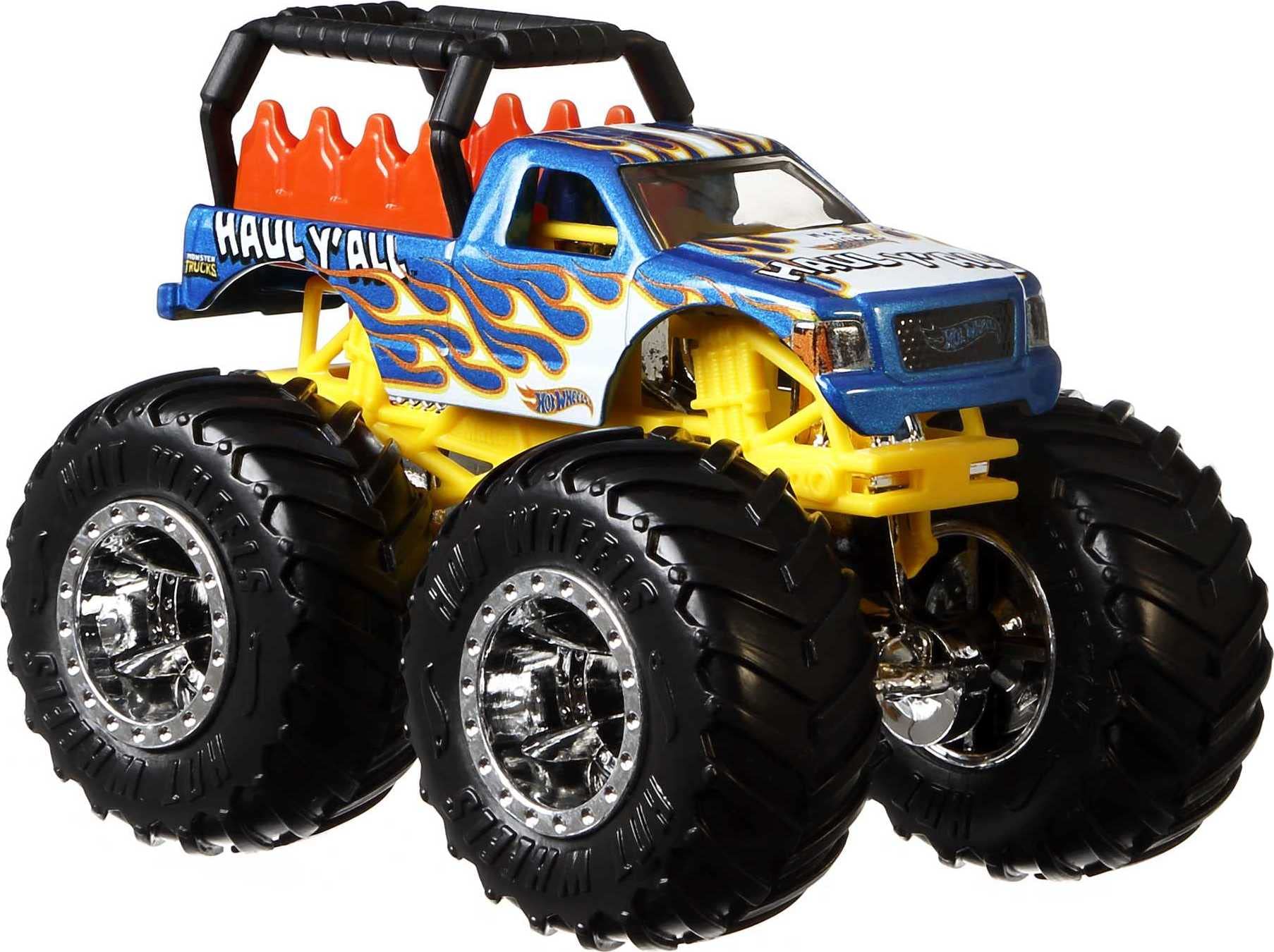 Hot Wheels Monster Trucks 4-Pack, 1:64 Scale Set of 4 Toy Vehicles with Giant Wheels for Kids & Collectors (Styles May Vary)