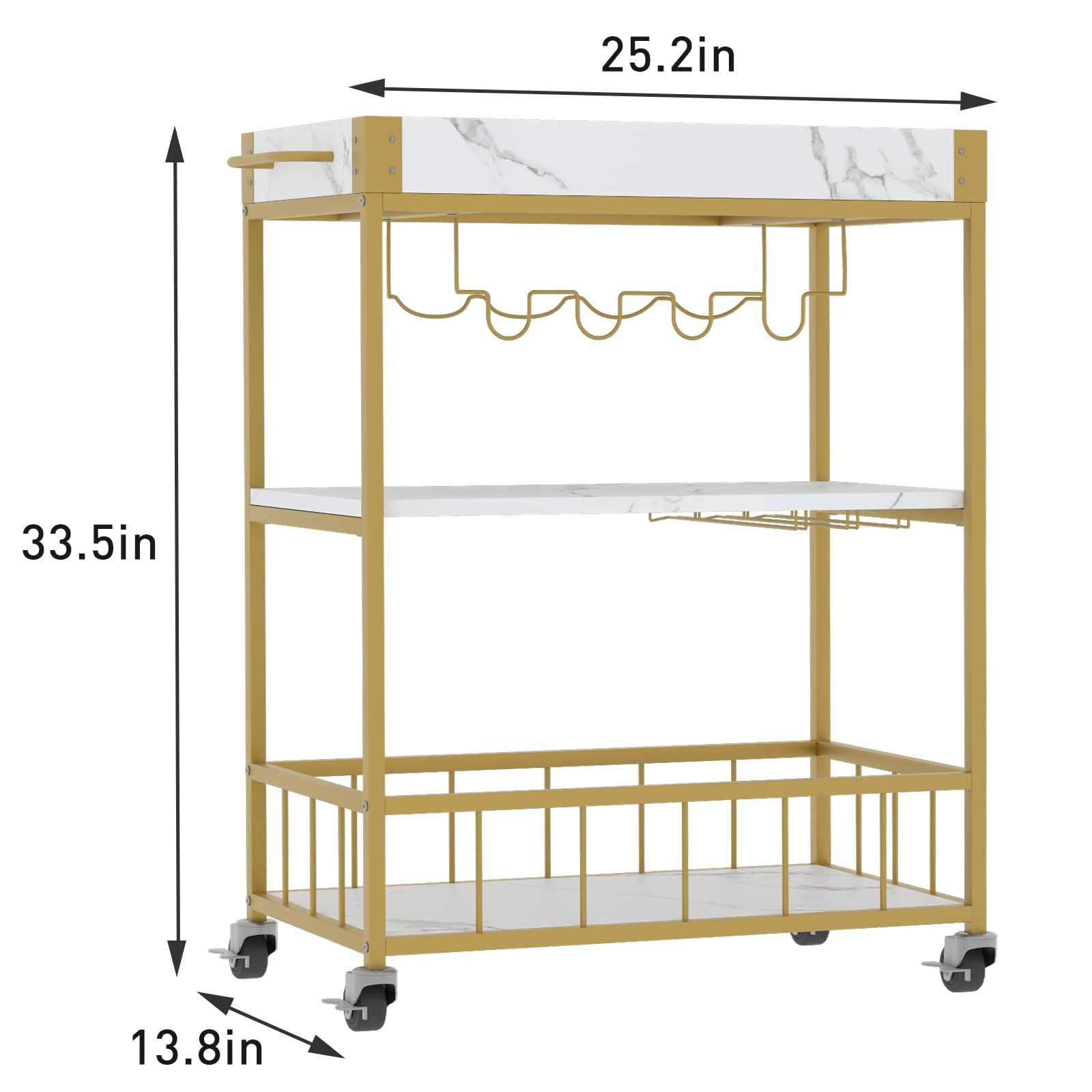 Azheruol Bar Cart White Marble 3 Tiers Removable Storage Tray with Wine Rack & Wine Glasses Holder,Rolling Beverage Cart,Mobile with Handle, Wood & Gold Steels Home Kitchen Shelf for Party