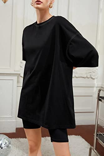 FSHAOES Women's Oversized T Shirts Casual Loose Half Sleeve Drop Shoulder Tees Summer Round Neck Cotton Tunic Tops Black