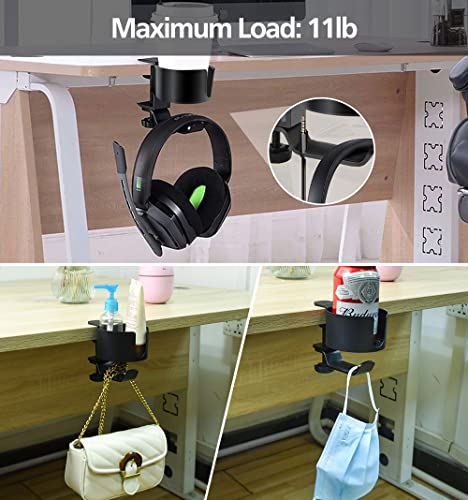 Headphone Hanger with Cup Holder, 1 Pack/2 Pack 2-in-1 Anti-Spill Cup Holder with Under Desk Headphone Hanger, 360° Rotation Headphone Holder Aluminum Headset Stand Headphone Hook (2 Pack)