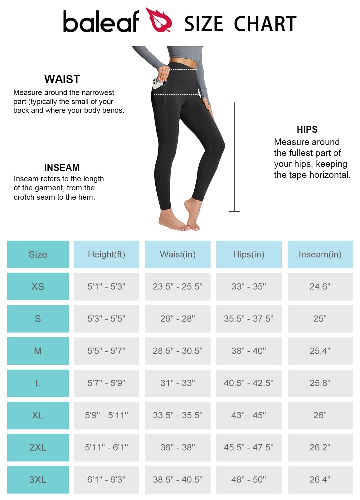 BALEAF Women's Fleece Lined Leggings with Pockets 25" Petite Thermal Winter Warm High Waisted Thick 7/8 Yoga Pants Black S
