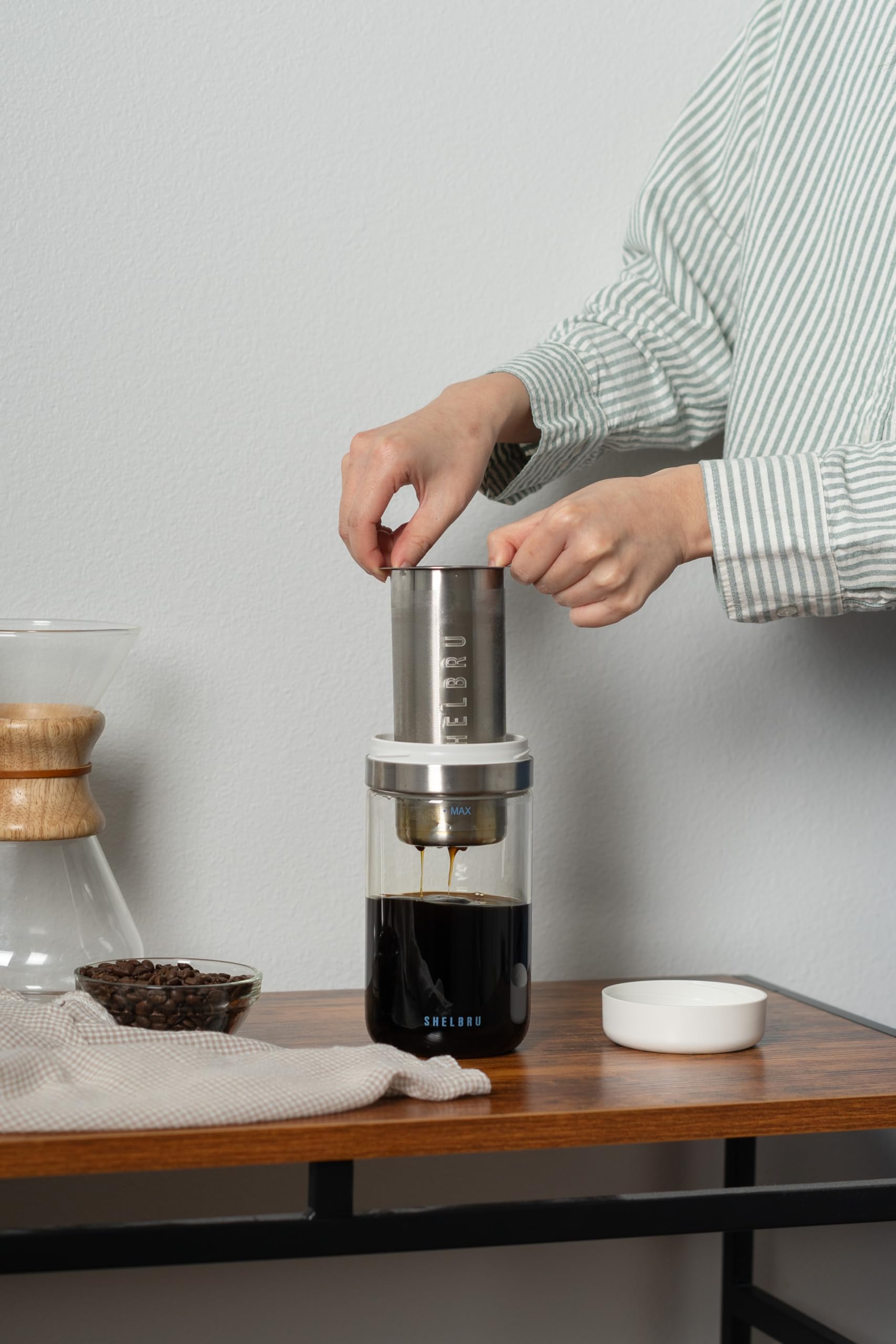 Shelbru Cold Brew Coffee Maker - 2-Piece Set w/Brewer & Carafe (Pitcher) - Reusable Stainless Steel Filter & Heavy-Duty Boroscilicate Glass - 16.9 fl oz / 500ml of Cold Brew Concentrate/Iced Coffee