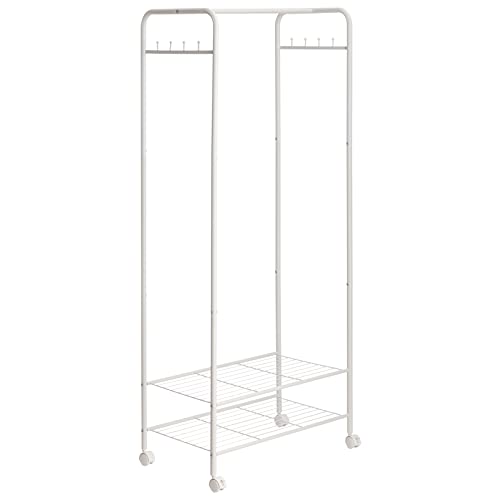 DOEWORKS Metal Garment Wire Rack With 2 Tier Storage Shelves for Large Capacity, Freestanding Clothes Hanger Storage Rolling Rack for Home, White