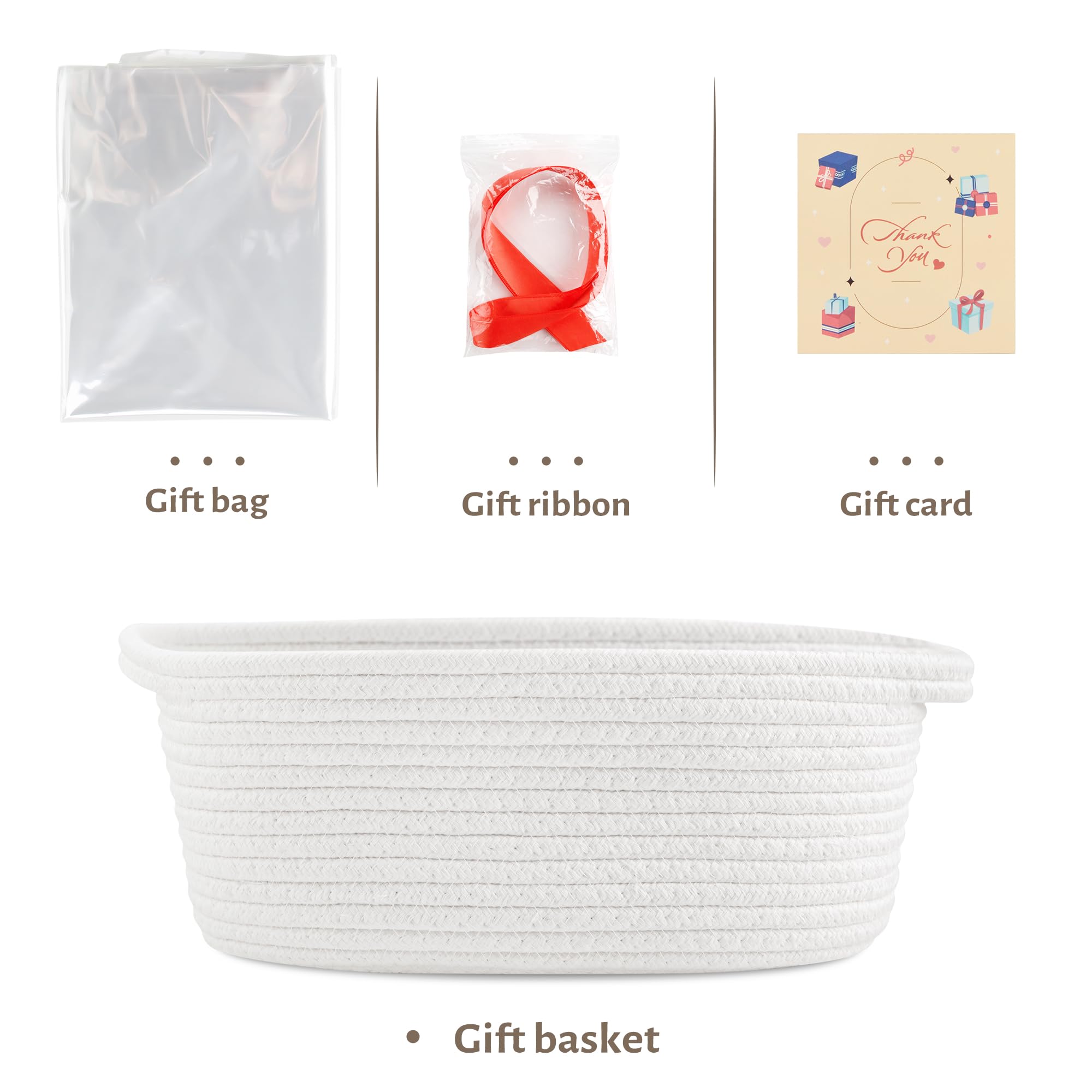 Bufims Small Woven Basket with Ribbons and Bags Durable Basket for Gifting Cute Gifts Basket 12"X 8" X 5" Small Rope Basket for Storage, White