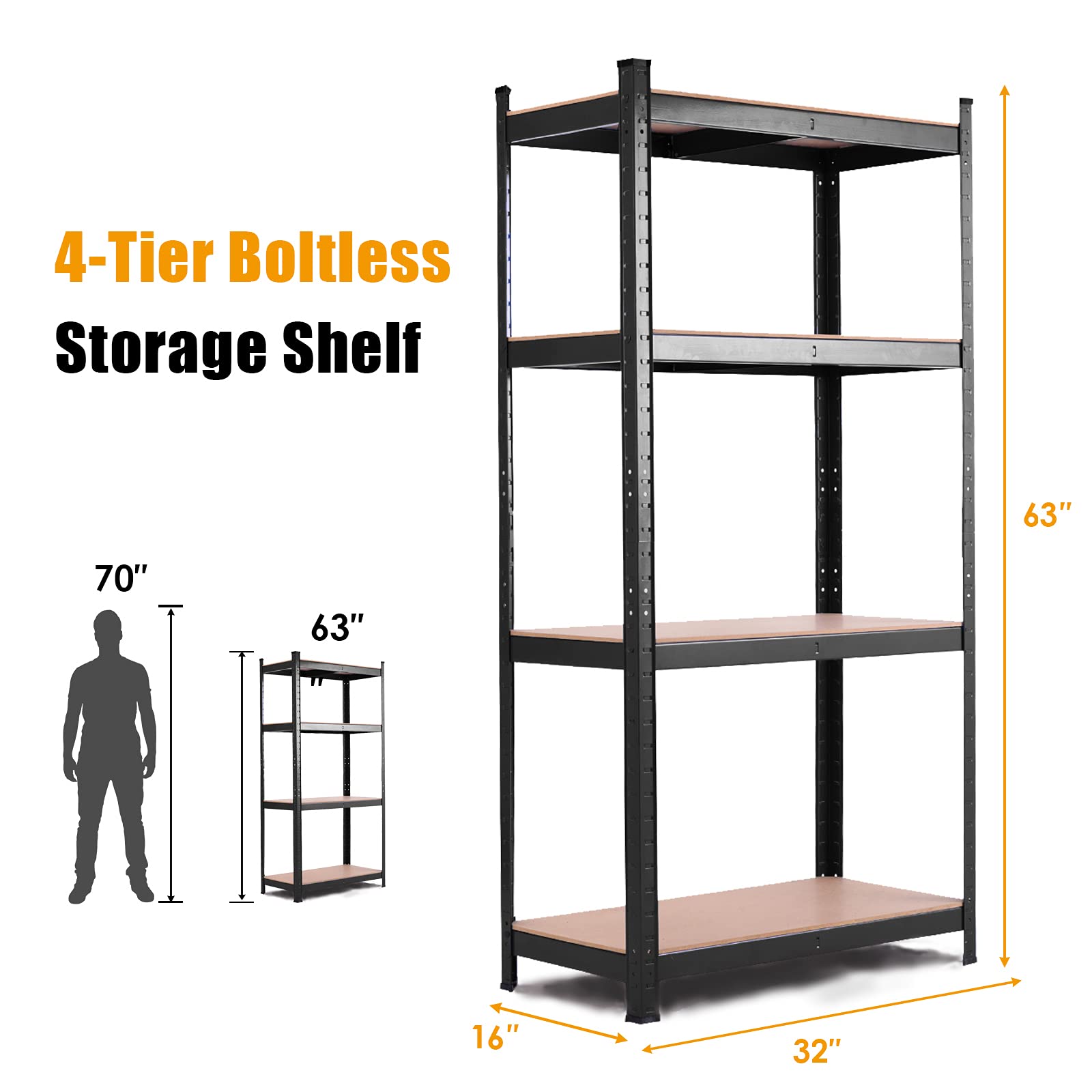 Tangkula Metal Storage Shelves, 63 inches Heavy Duty Steel Frame, Home Garage Multi-Use Storage Rack with Adjustable Shelves, 4-Tier Garage Shelf (32" L×16" W ×63" H) (1, Black)