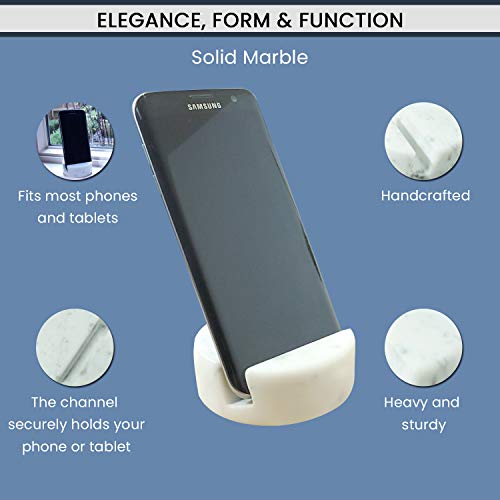 Crevasse Phone Stand by HigherHuman β Premium Carrara Marble Cell Phone Holder for Cellphone or Tablet on Your Desk, Counter, Table or Nightstand. Luxurious Solid Real Stone Phone Stand for Recording