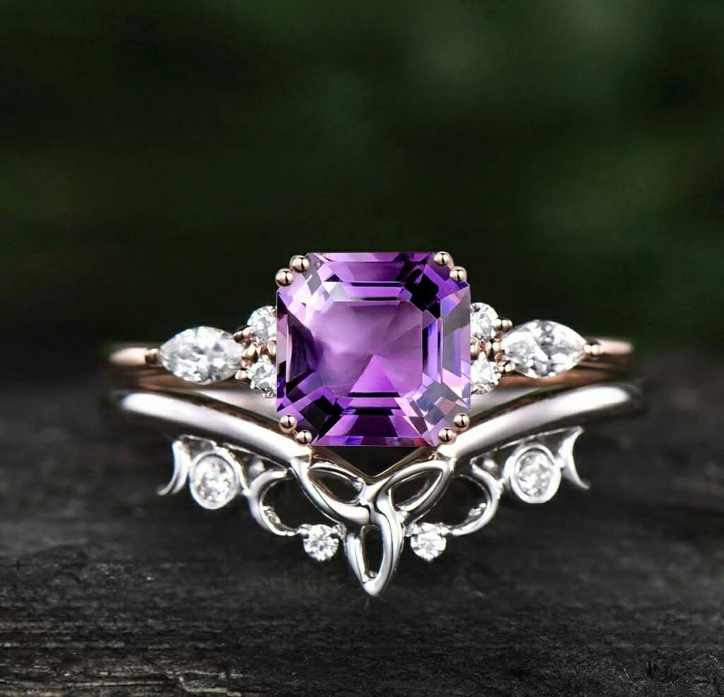 Asscher cut natural purple Amethyst engagement ring set solid 14k white gold PLATED SILVER art deco unique diamond wedding bridal ring set women jewelry (WHITE GOLD, 11)