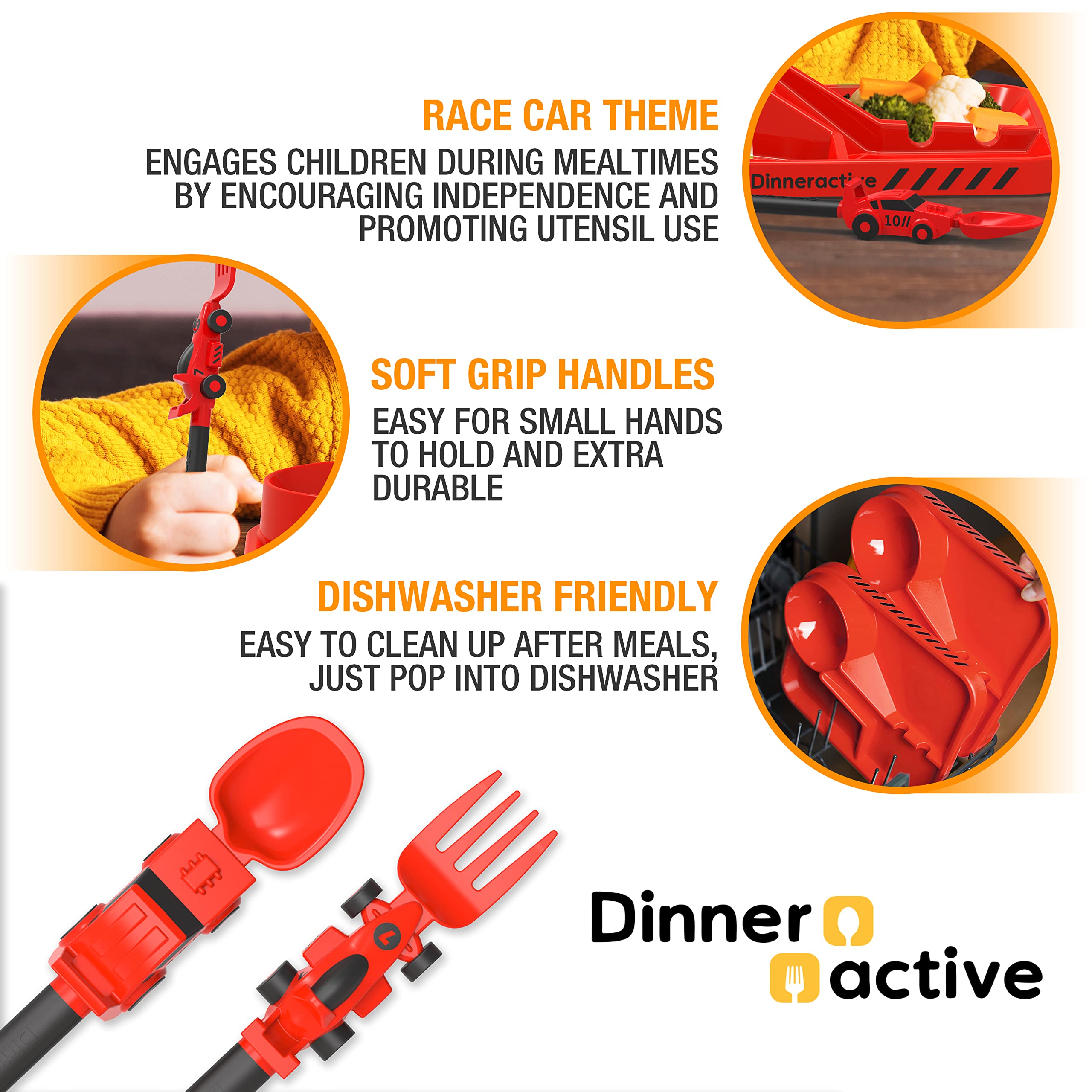 Dinneractive Utensil Set for Kids – Red Race Car Themed Fork and Spoon for Toddlers and Young Children – 2-Piece Set