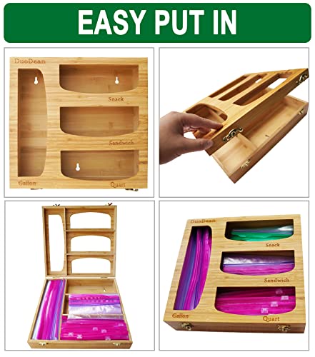 DUODEAN Ziplock Bag Storage Organizer for Drawer, Bamboo Plastic Baggie Storage Organizer with Four Slots, Compatible with Ziploc Sandwich, Gallon, Quart, and Snack Bags and Sliders
