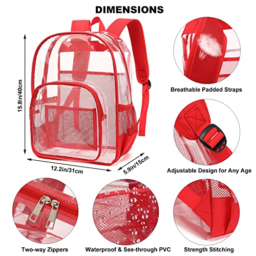Dezcrab Clear Backpack School Backpack Bookbag for Girls Boys Women Men, Heavy Duty See Through Transparent Backpacks (Red)