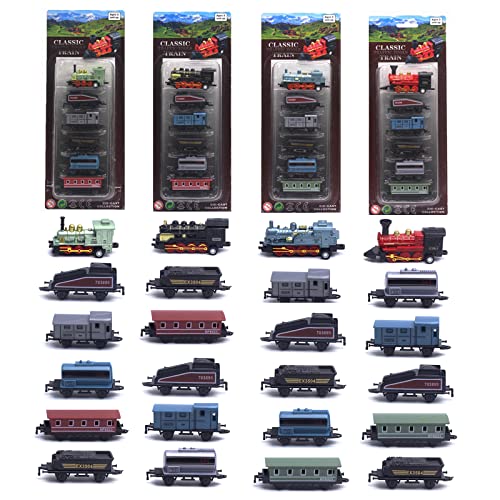 CORPER TOYS Mini Train Toy Set, 4 Packs (24 Pieces) Pull Back Model Train Playset for 3 4 5 6 Year Old Boys Girls, Diecast Steam Train with Linkable Cars for Birthday Gifts