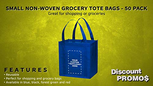 DISCOUNT PROMOS Custom Reusable Grocery Tote Bag for Shopping - 50 Pack - Personalized Logo, Text -Small Foldable Bags β Blue