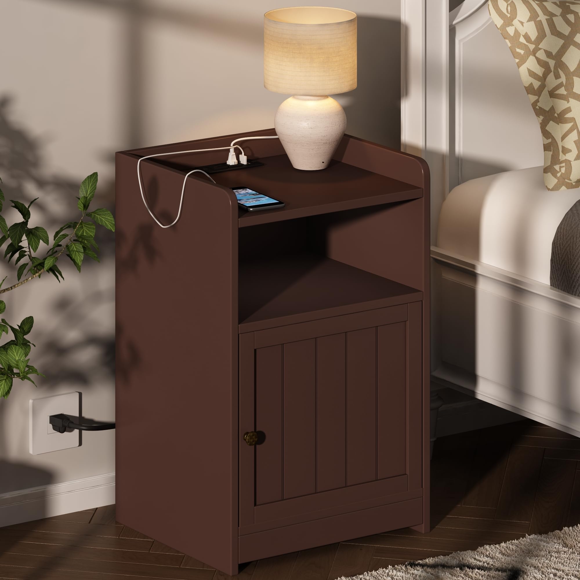 ChooChoo Nightstand with Charging Station Set of 2, Night Stand with Cabinet and Open Storage, Bed Side Table for Bedroom, Espresso