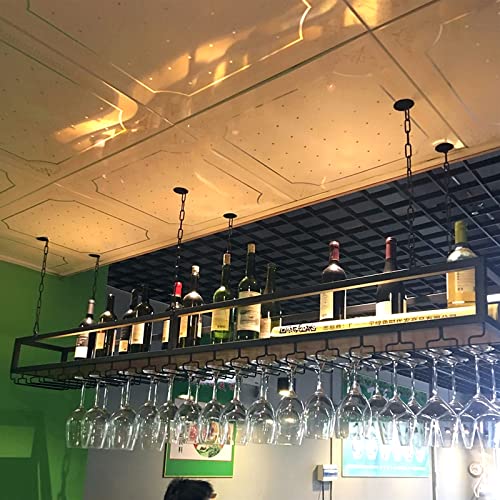 Ceiling Wine Glass Rack - Hanging Wine Rack with Glass Holder and Shelf, Height Adjustable Industrial Hanging Wine Bottle Holder, Black Metal Ceiling Shelf for Bar Cafe Kitchen (47.2×9.8×8.6in)