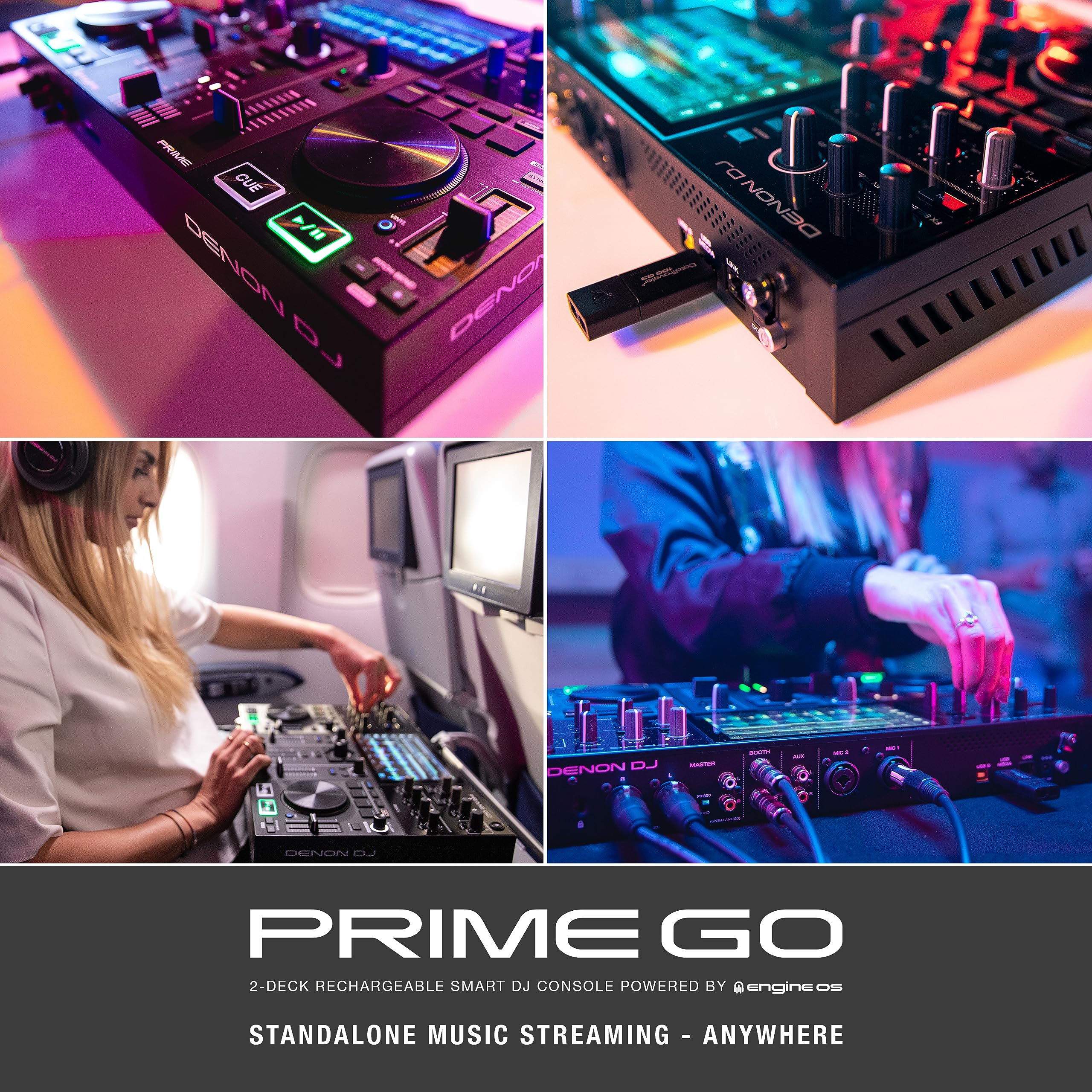 Denon DJ PRIME GO – Portable DJ Controller and Mixer with 2 Decks, WIFI Streaming, 7-Inch HD Touchscreen, DJ Set with Lights Control and Rechargeable Battery
