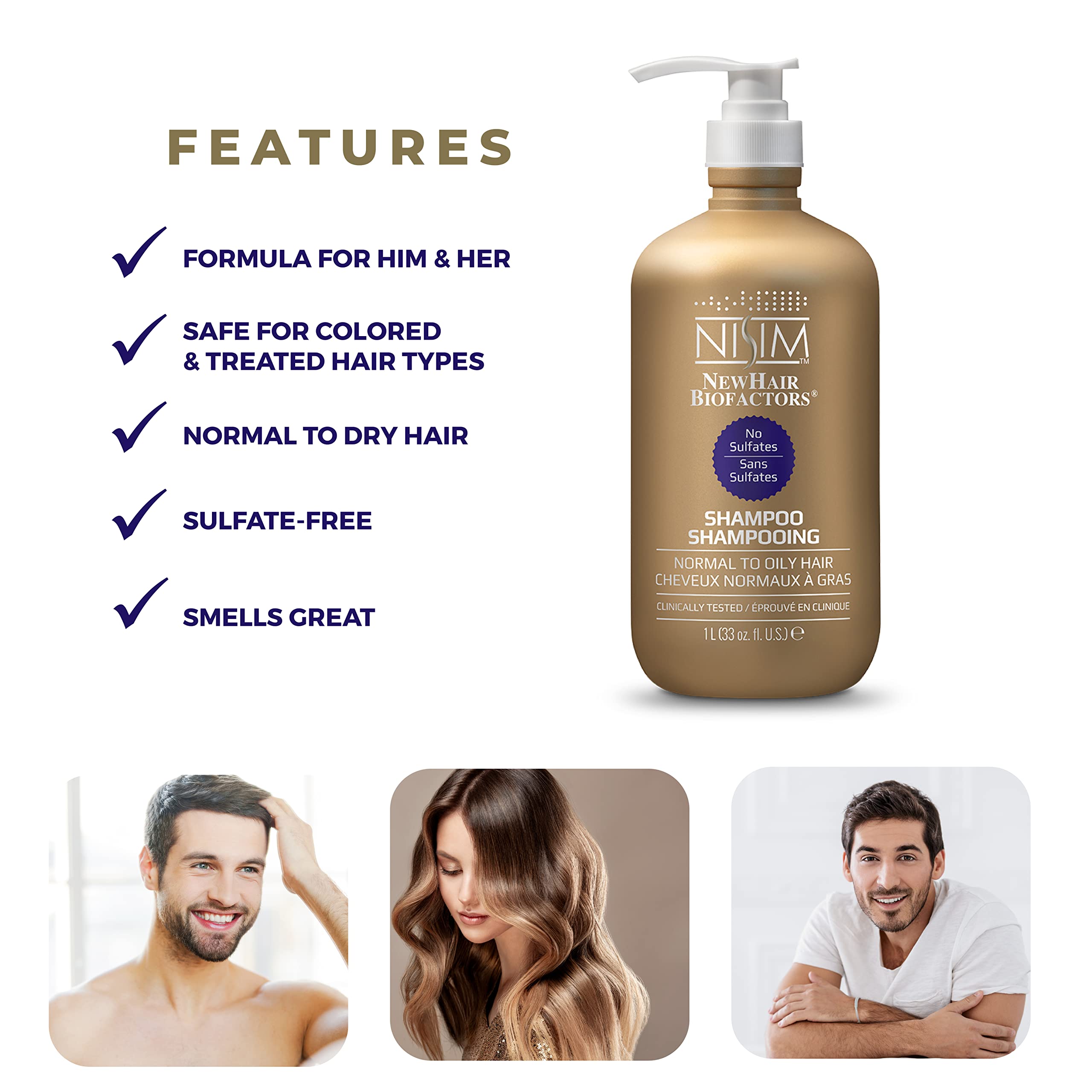 NISIM NewHair BioFactors Shampoo for Normal To Oily Hair - Deep Cleaning Shampoo That Controls Excessive Hair Loss (33 Ounce / 1000 Milliliter)