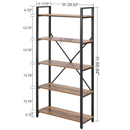 FATORRI Industrial L Shaped Computer Desk and 5 Tier Bookshelf for Home Office (Rustic Oak)