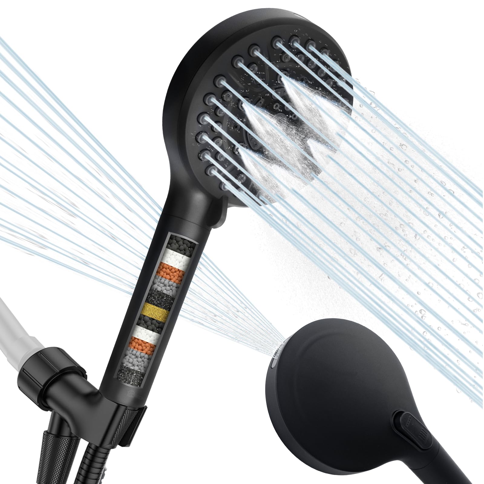 CABONG High Pressure Handheld Showerheads 4.7" Large, 70" SS Hose 10-Mode Portable Detachable Shower Head with Hard Water Filter for Bathroom, Anti-clog & Powerful to Clean Tile & Pets,Matte Black
