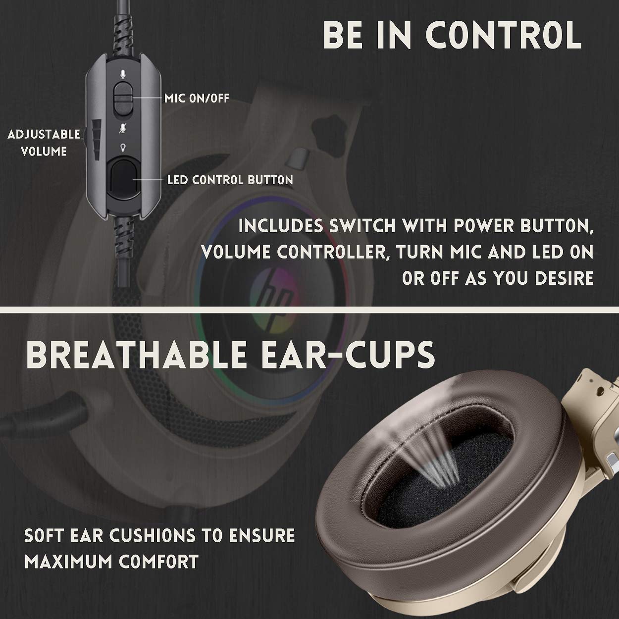 HP USB PC Gaming Headset with Microphone. 7.1 Surround Sound, RGB LED Lighting, Noise Isolating Over Ear Game Headphones with Detachable Mic for PC, Mac, PS4, Laptop - Gold
