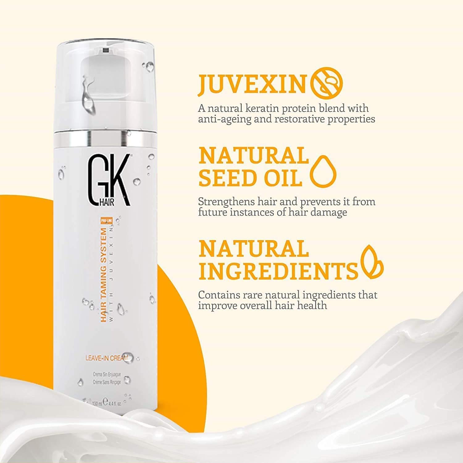 GK HAIR Global Keratin Leave In Conditioner Cream (4.4 Fl Oz/130ml) Conditioning Hydrating Smoothing Moisturizing & Frizz Control For Dry Damaged Hair Taming before Swimming or Exercise