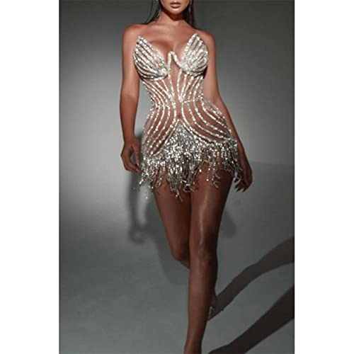 Baidicheng Crystal Bras Bikini Chain Suit Bridal Luxury Rhinestone Bra Underwear Prom Party Beaded Gorgeous Body Chain for Women's,Silver