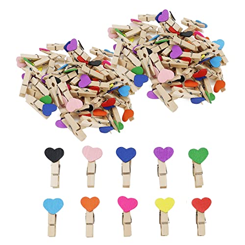 Coshar Pack of 100 Mini Wooden Clothes Pins Mixed Color Heart Clothespins Multipurpose Craft Clips for Wedding Party Decor and Picture Clothes Crafts Holder