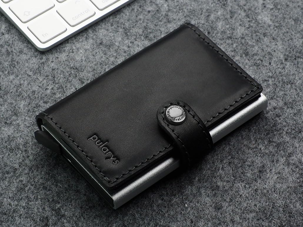 pularys VIKING Mini Wallet - Premium Leather - Black - Snap Fastener - Bank Note Pocket - RFID blocking - Up to 8 Card Slots - Comfortable and Safe - Classic