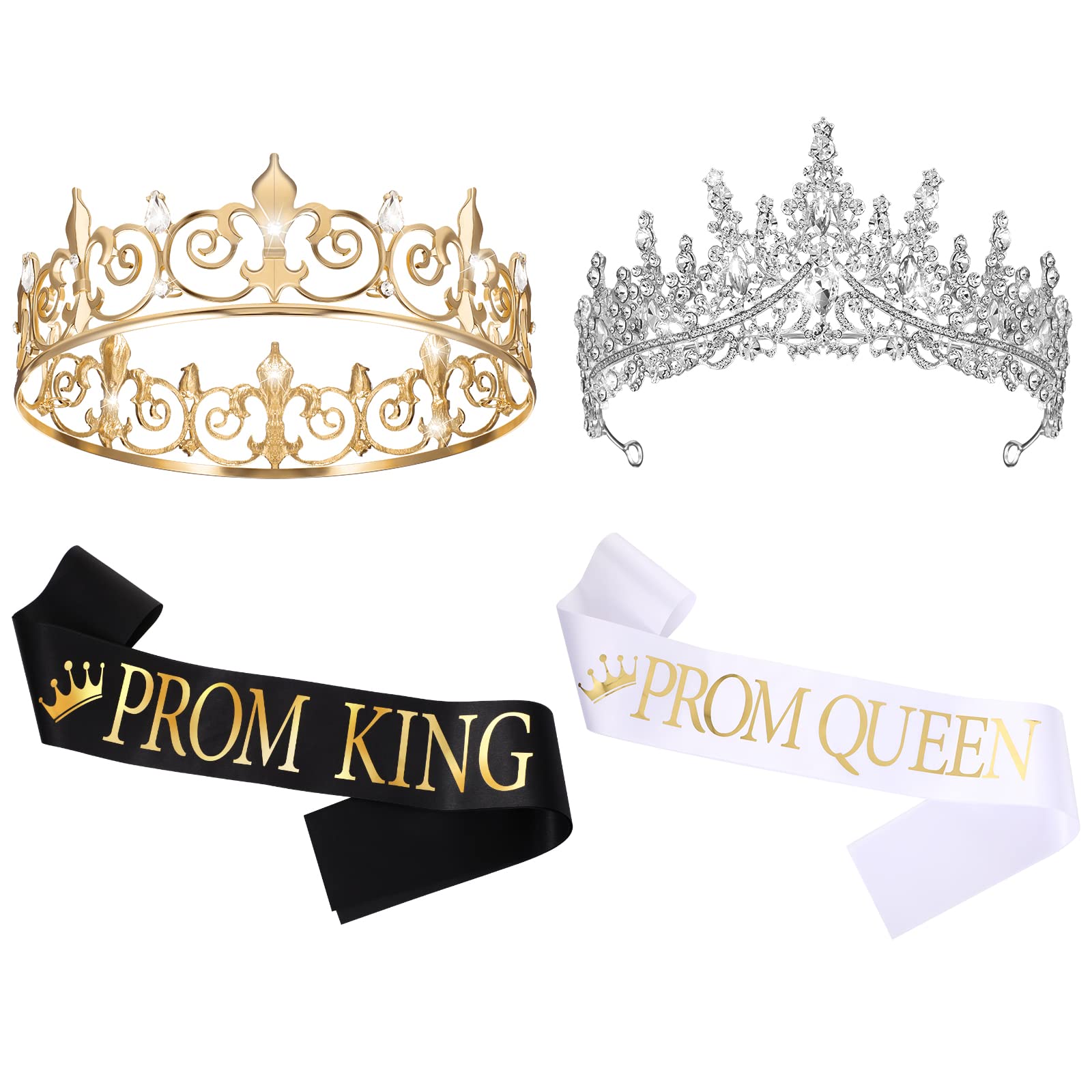 Retrowavy Prom King and Queen Sash Crowns Tiara Set for Birthday Party Adults Cosplay Decor(Multi Colors,Elegant Style)